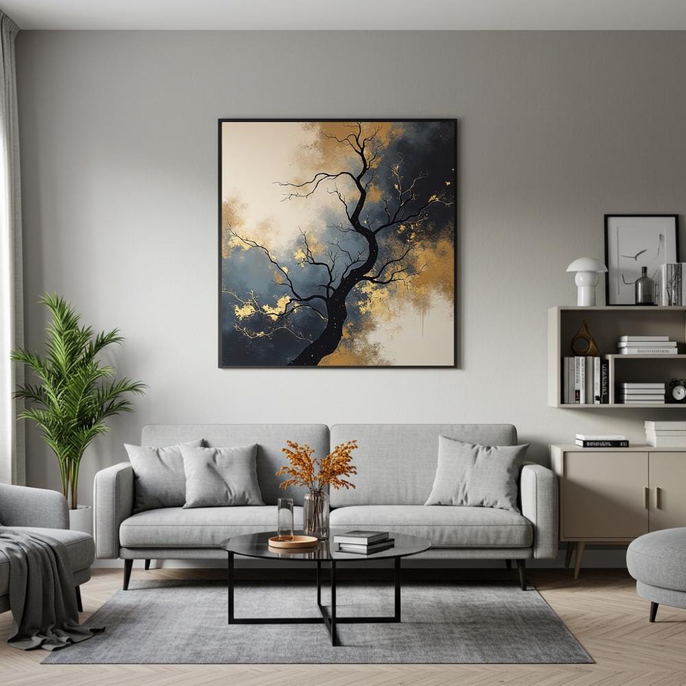 Minimalist Tree Abstract Art in Gold, Blue, and Black Digital Print ...