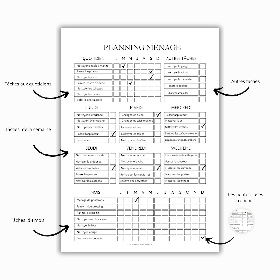 Check-list de ménage en français Planning de nettoyage Modèle de ménage ...