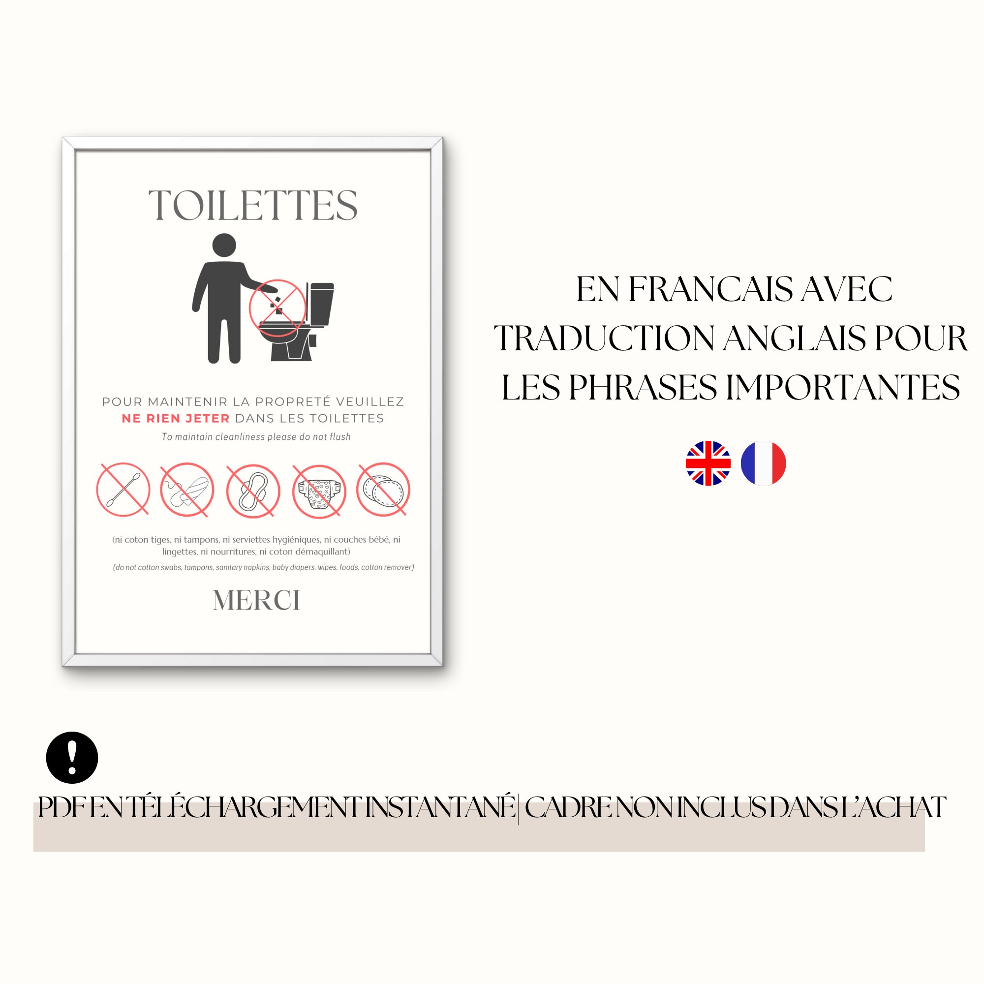 Affiches pour toilettes Ne rien jeter dans les toilettes Airbnb à ...