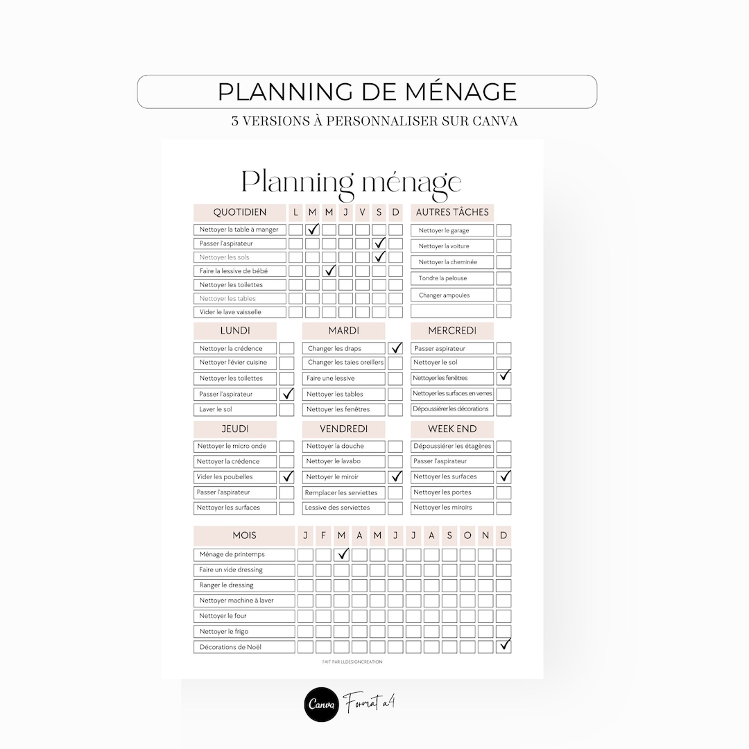 Check-list de ménage en français | Planning de nettoyage | Modèle de ...