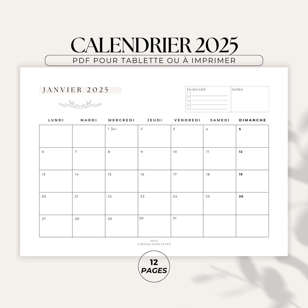Calendrier 2025 | Calendrier 2025 à imprimer | Calendrier mensuel ...