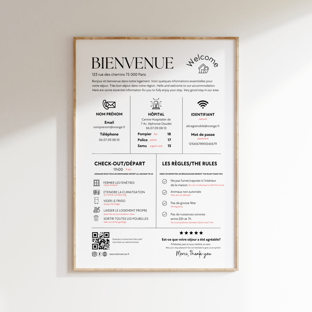 Airbnb Welcome Poster in French English to Personalize on Canva ...