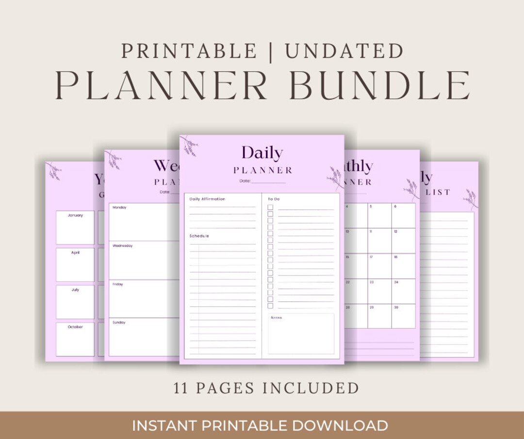 Lavender Printable Planner, A4 PDF and PNG, 11 Page Planner Bundle ...
