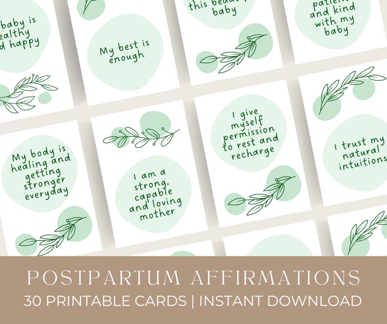 30 Postpartum Affirmation Cards | Instant Download | Calming Green ...