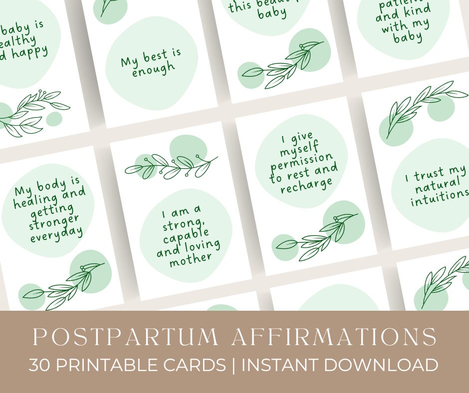 30 Postpartum Affirmation Cards | Instant Download | Calming Green ...