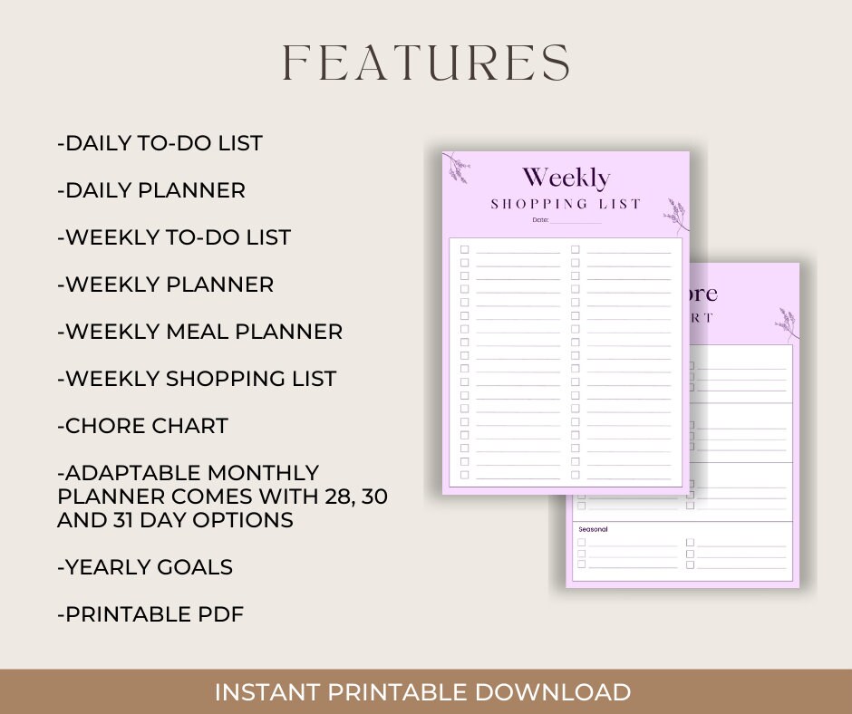 Lavender Printable Planner, A4 PDF and PNG, 11 Page Planner Bundle ...