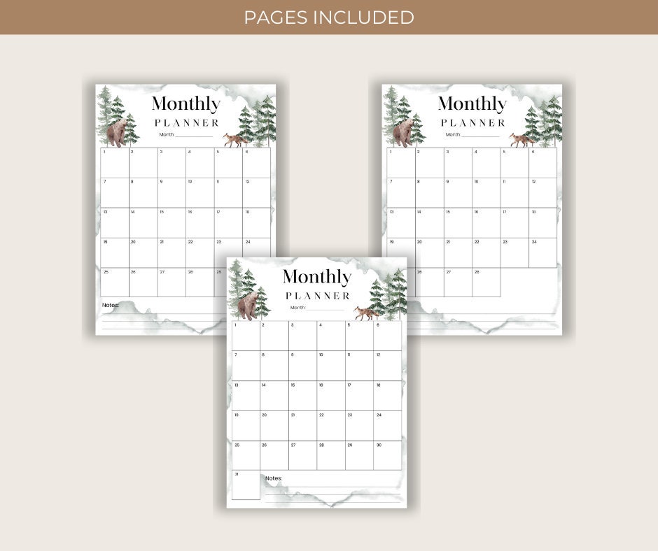 Woodland Printable Planner, A4 PDF and PNG, 11 Page Planner Bundle ...