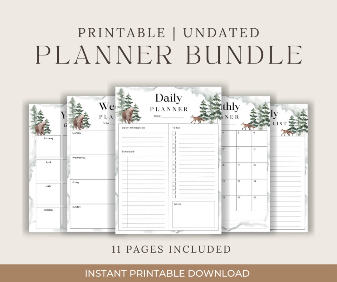 Woodland Printable Planner, A4 PDF and PNG, 11 Page Planner Bundle ...
