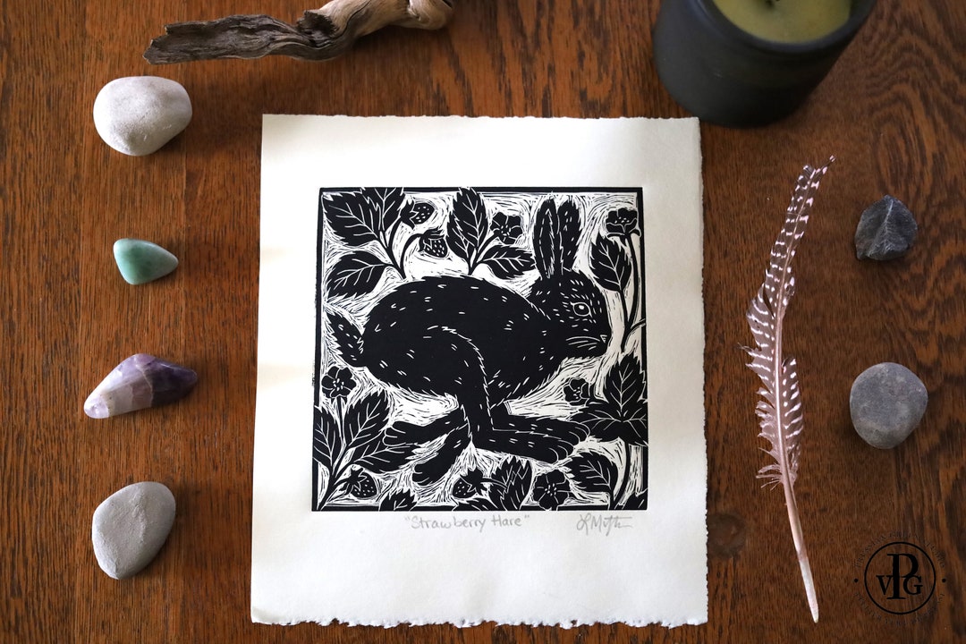 Rabbit Strawberry Original Linocut Print, Woodland Animal Lino Style ...