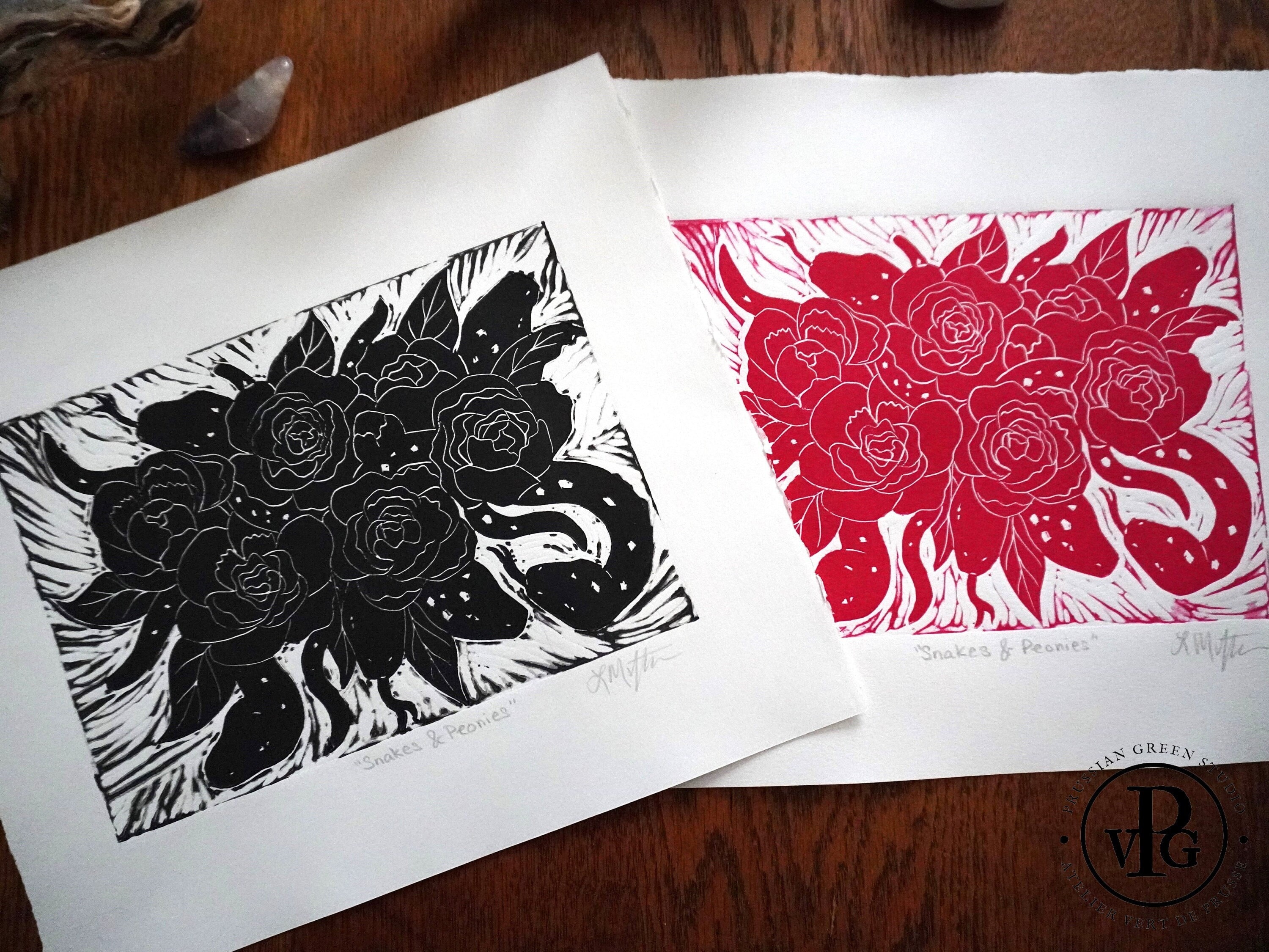 Floral Snakes Original Linocut Print, Garden Lino Style, Nature Relief ...