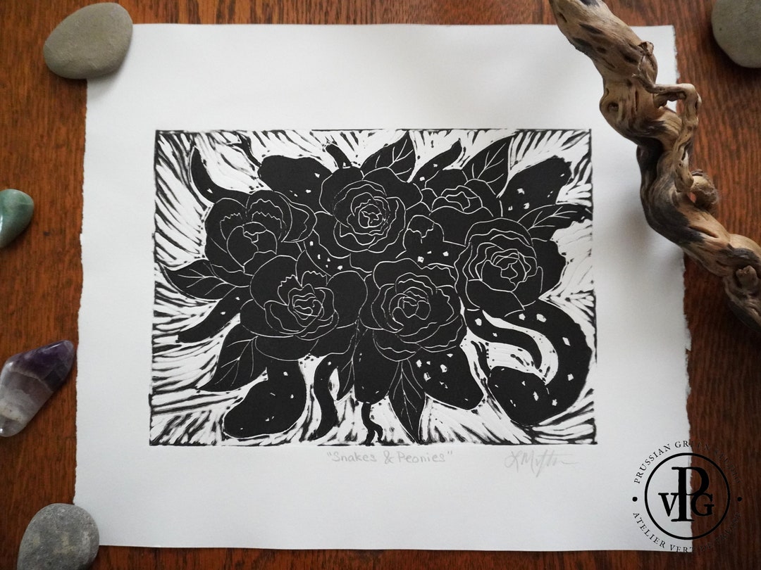 Floral Snakes Original Linocut Print, Garden Lino Style, Nature Relief ...