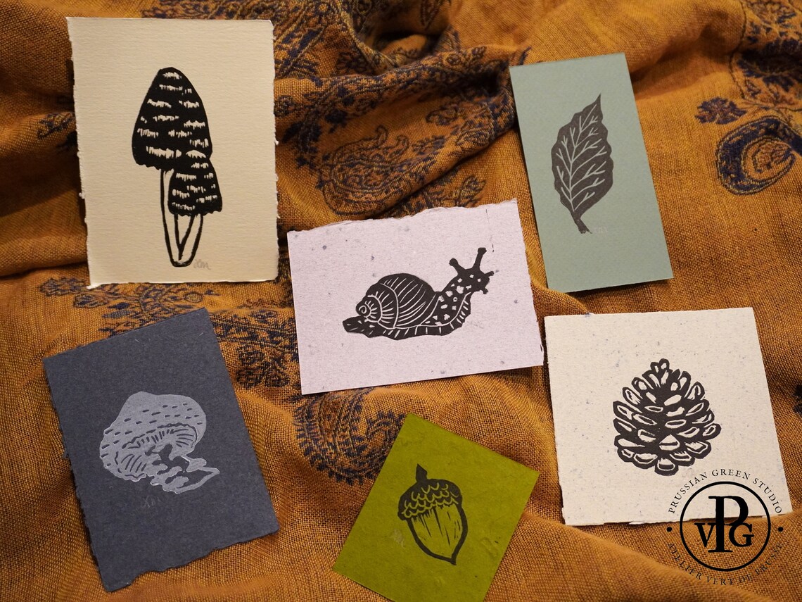 Snail Pinecone Acorn Original Linocut Mini Print Pack, Woodland ...