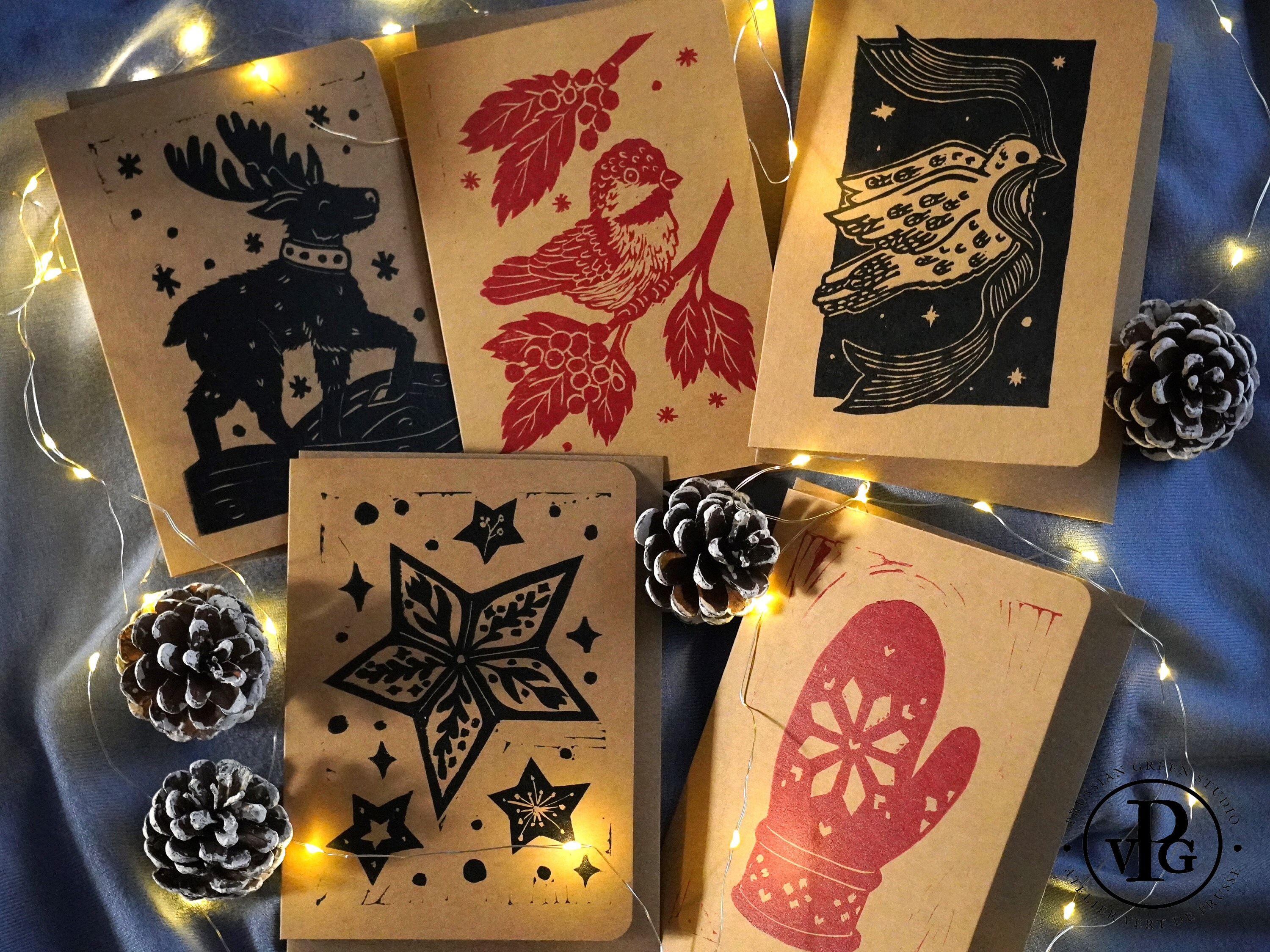 Set of 5 Hand Printed Linocut Holiday Greeting Cards, Reindeer, Mitten ...