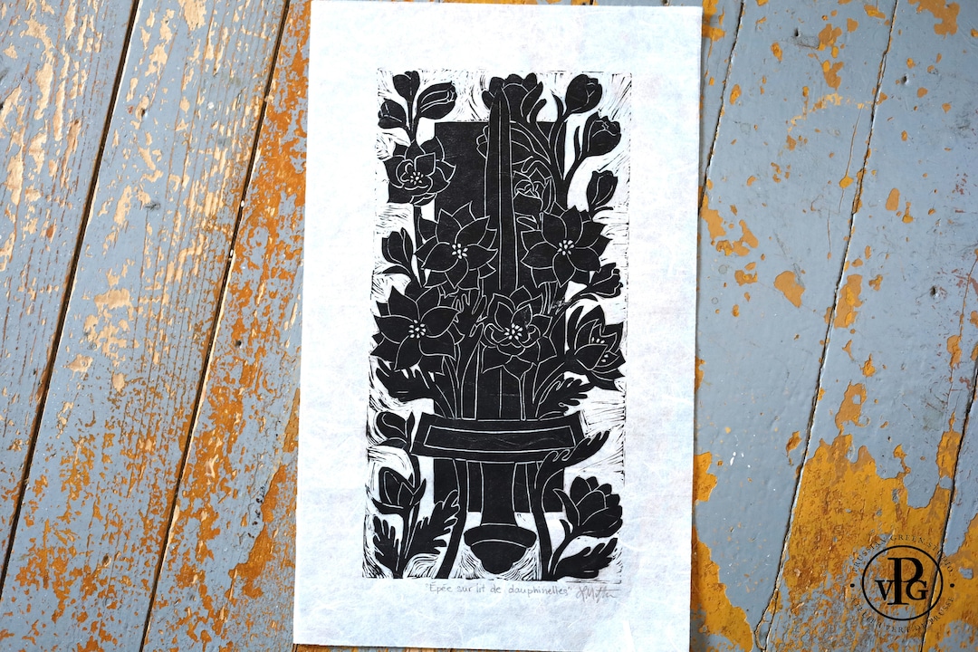 Sword Flowers Original Linocut Print, Garden Lino Style, Nature Relief ...