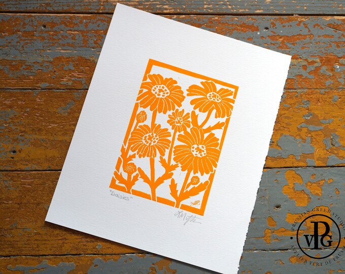 Daisies Original Linocut Print, Garden Linoprint, Nature Themed Block ...