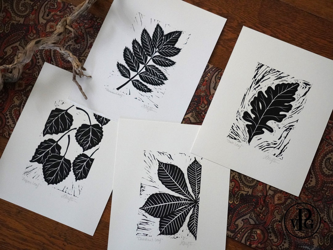 Set of 4 Leaves Original Linocut Prints, Oak, Aspen, Rowan, Chestnut ...