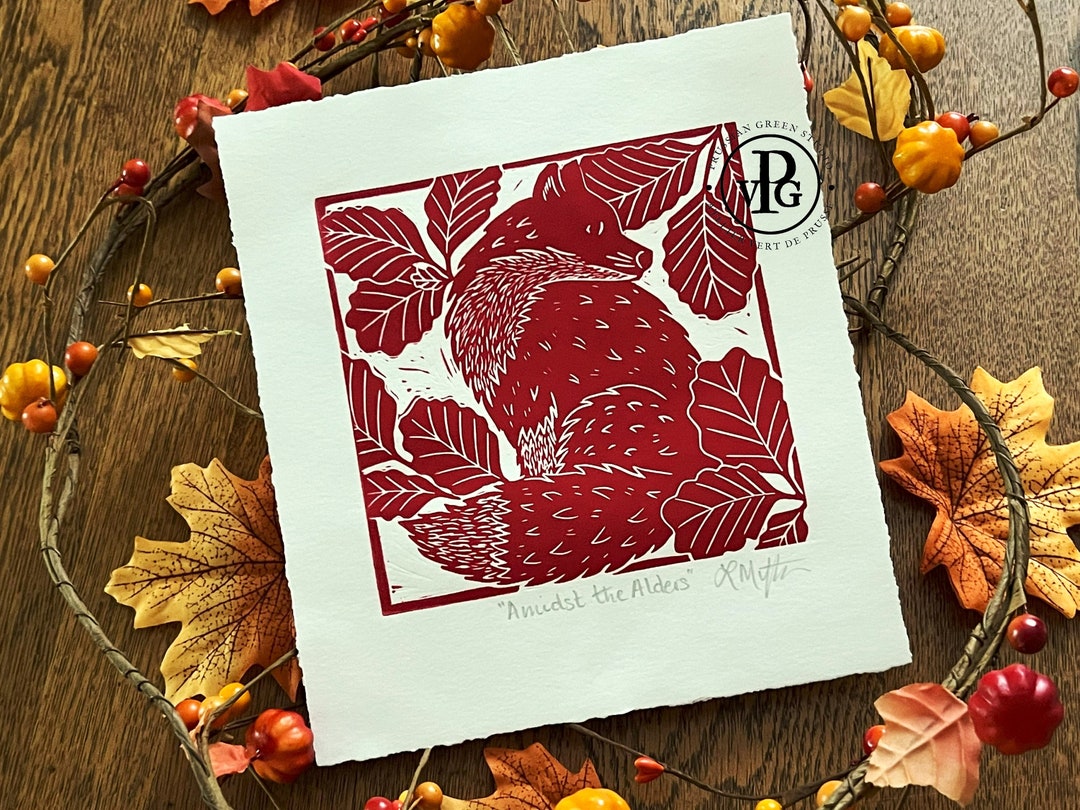 Fox Original Linocut Print, Forest Linoprint, Alder Leaf Block Print ...