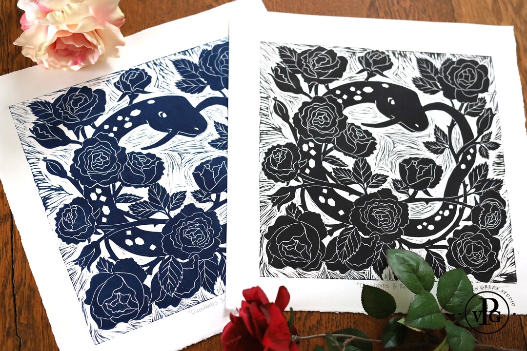 Snake Roses Original Linocut Print, Garden Lino Style, Nature Relief ...