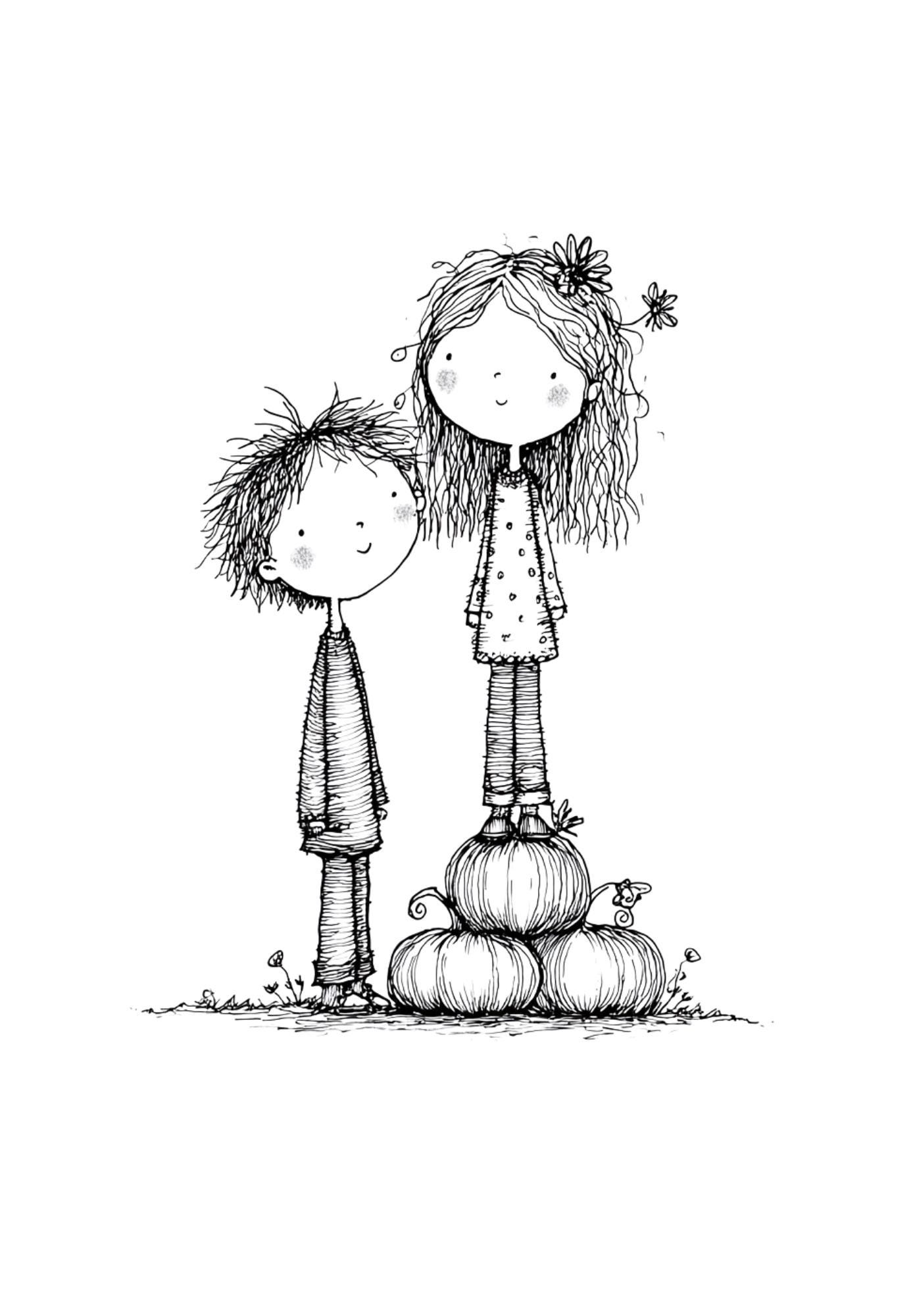 Lil Scribbles Series Doodles Friends in Fall, Line Art, Whimsical ...