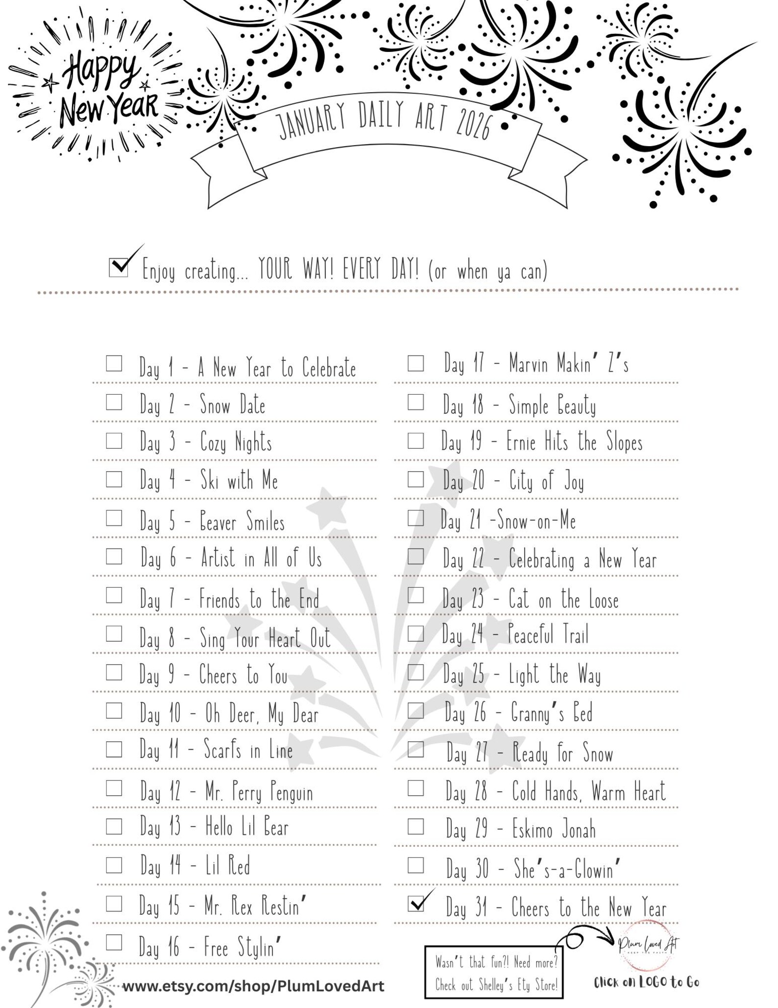 January Daily Art Doodles and Scorecard, Digital Images (PDF and PNG ...
