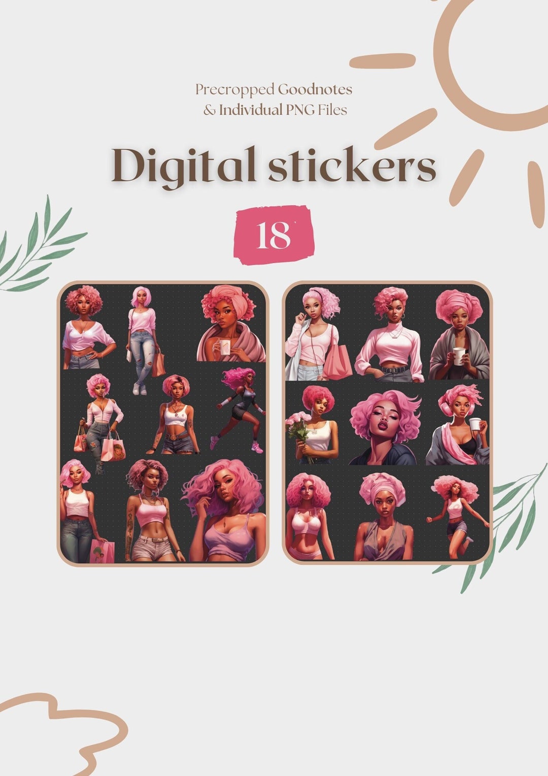 Black Girl Pink Fashion Doll Digital Stickers: Goodnotes Planner (PNG ...