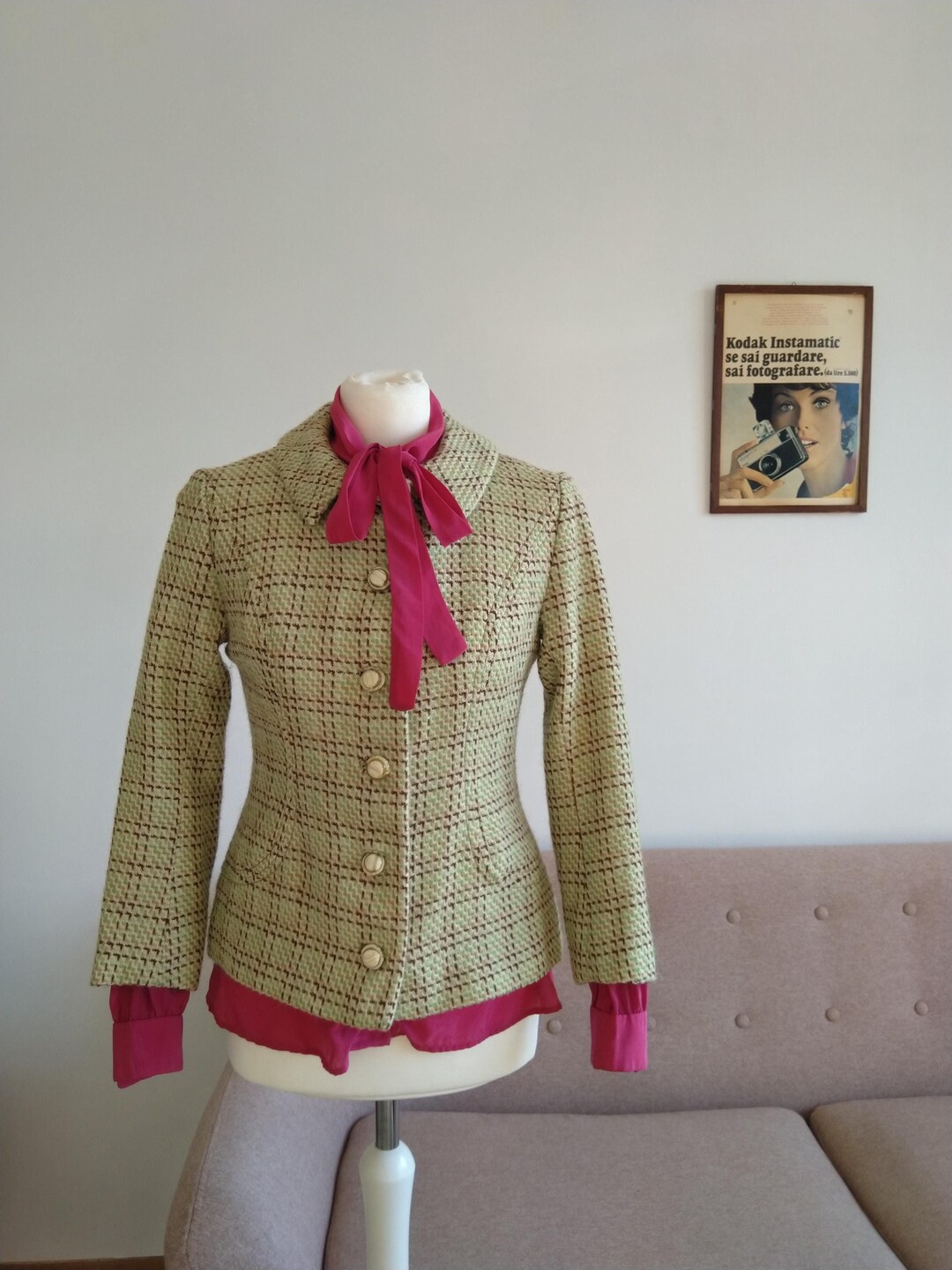 60s Coat With Green and Hazelnut Checks. Short Model. Handmade, Mod ...