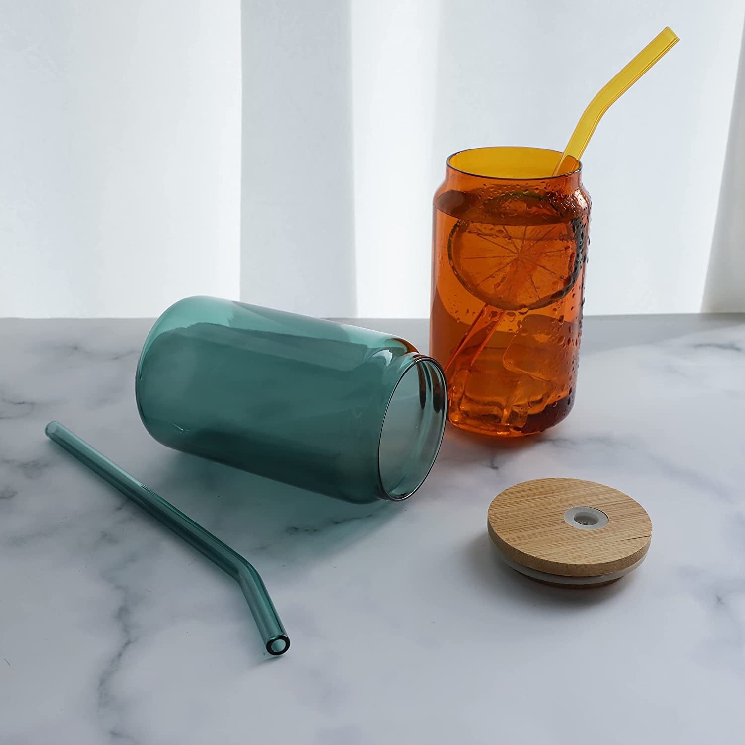 Colored Drinking Glasses With Matching Glass Straws and Bamboo Lids ...