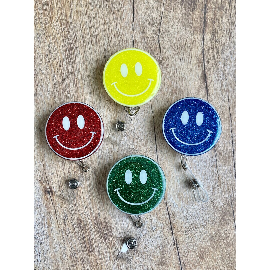 Happy Face Badge Reel Smiley Face Glitter Badge Reels Badge Reel Nurse ...