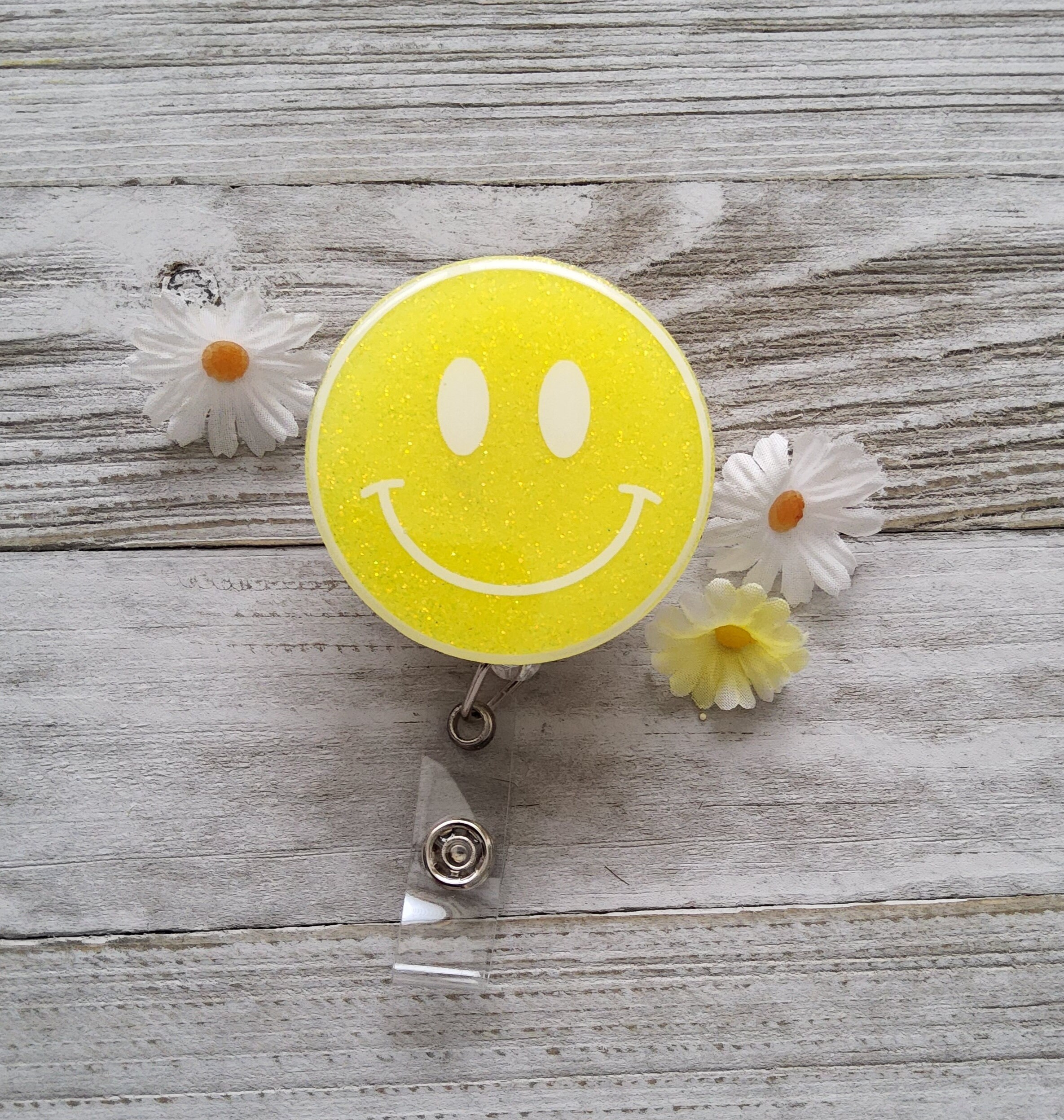 Happy Face Badge Reel Smiley Face Glitter Badge Reels Badge Reel Nurse ...