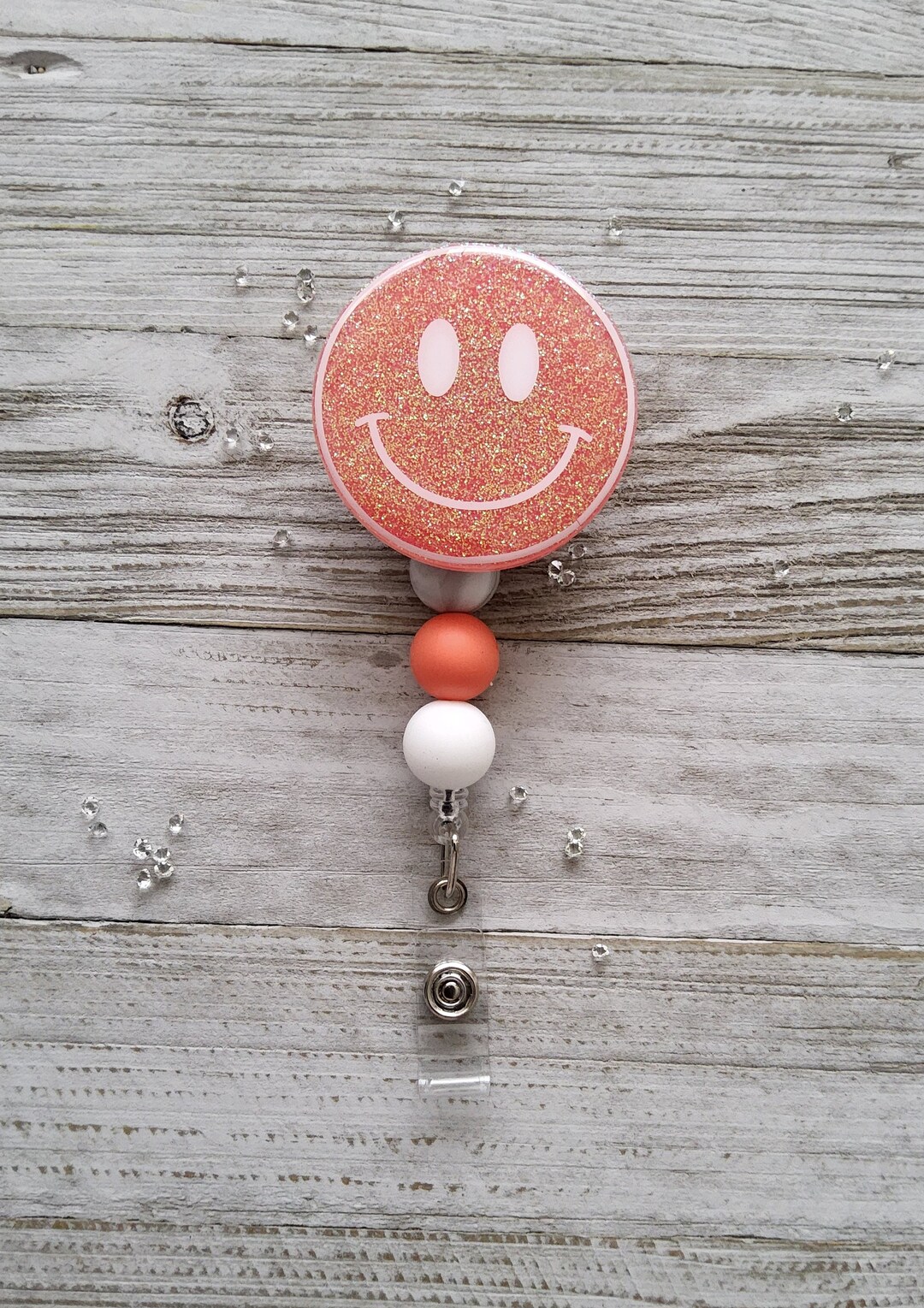 Coral Happy Face Badge Reel Glitter Badge Reels Hostpital Badge Reel ...