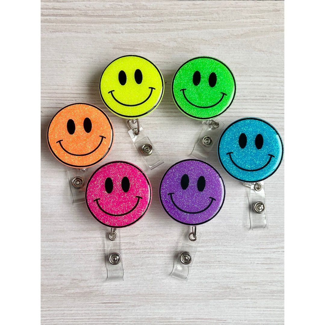 Happy Face Badge Reel Glitter Badge Reels Badge Reel Nurse Cute ...
