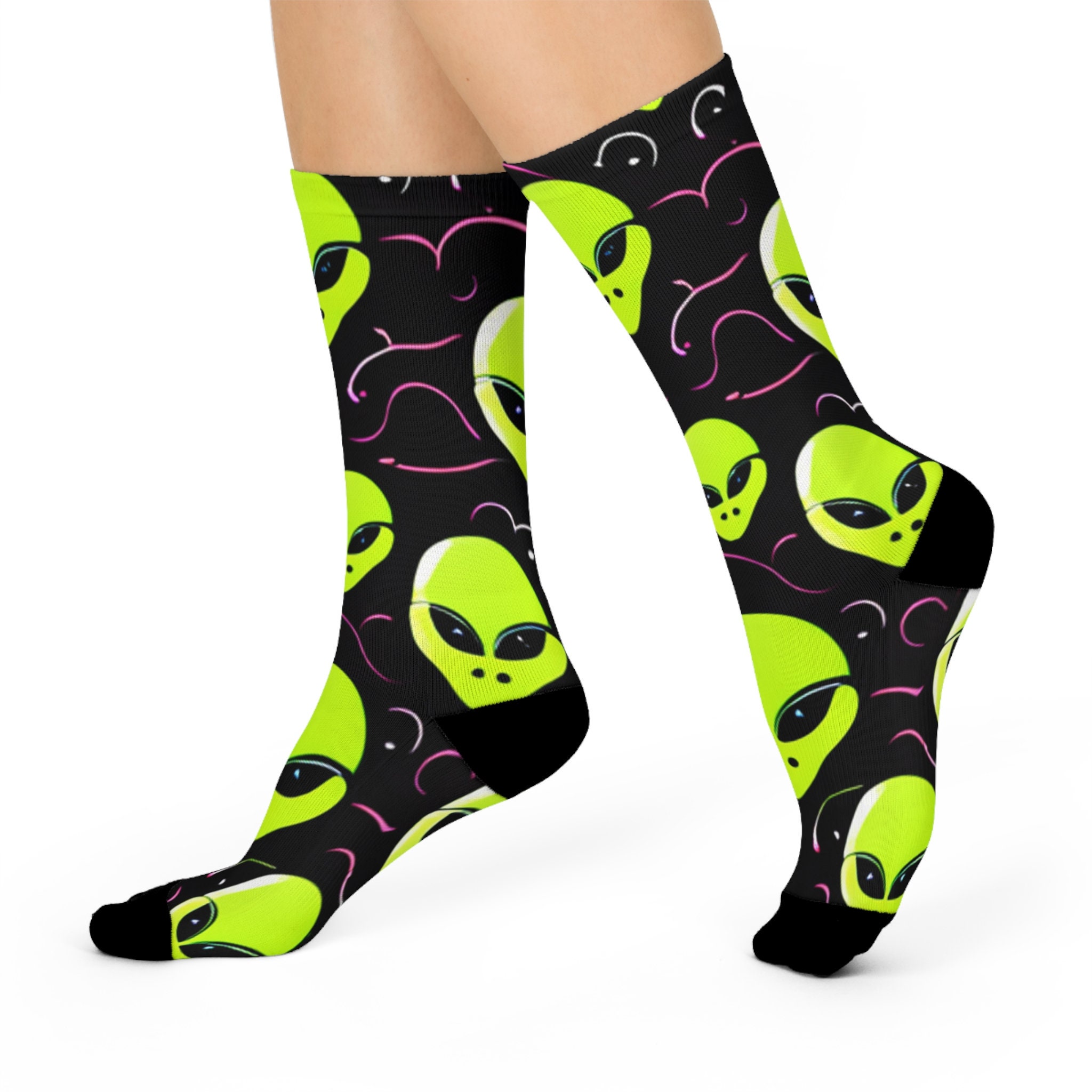 Alien Pattern Crew Socks, Trendy Alien Socks, Funky Alien Socks, Funny ...
