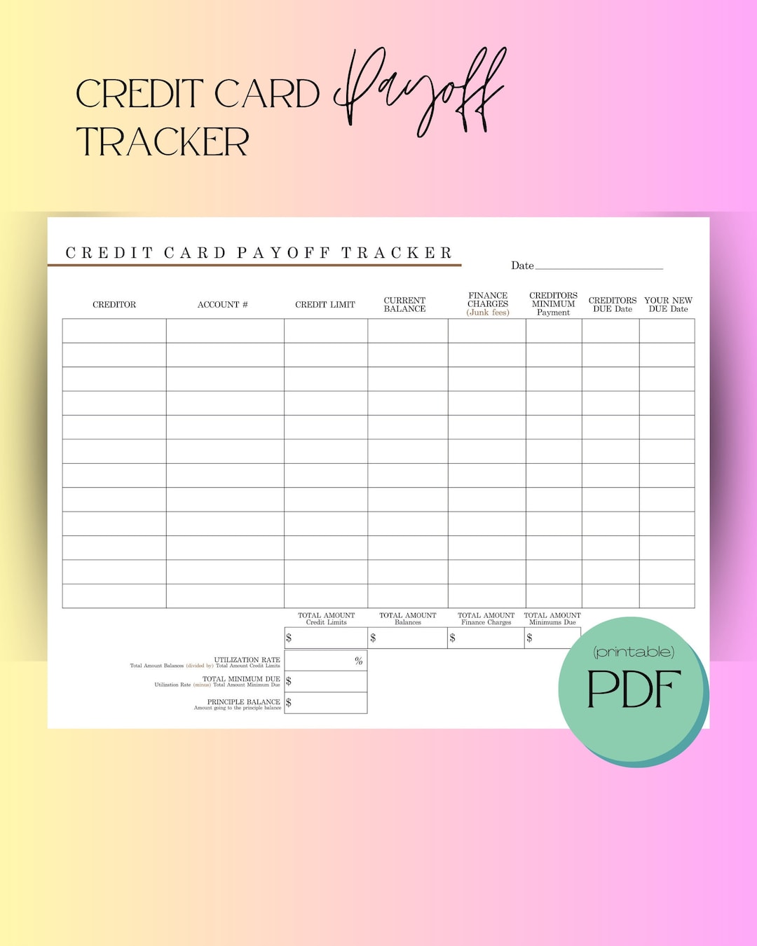 Credit Card Payoff PDF - Printable Debt Snowball Spreadsheet ...