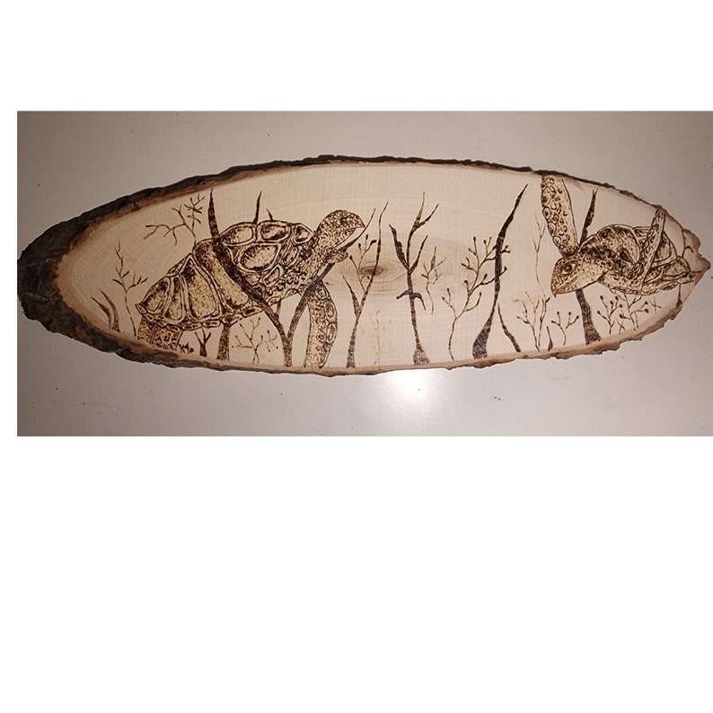 Pyrography Sea Turtles on Wood Slice 30cm X 12cm Freehand, Under the Sea. - Etsy