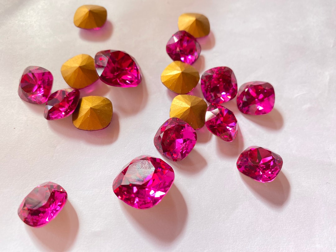 Vintage Cushion Cut Fuchsia Glass Rhinestone Crystals, Gold Foiled ...