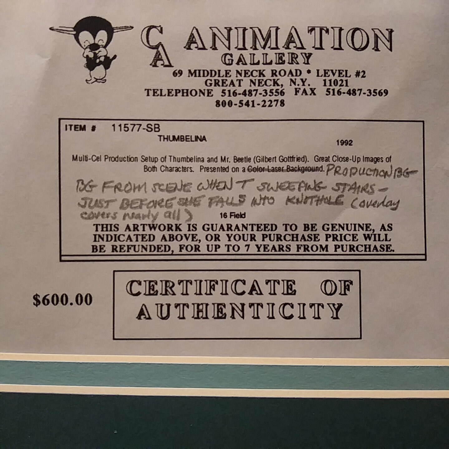 THUMBELINA and Mr. Beetle, Bluth Studios 16fld Production Background ...