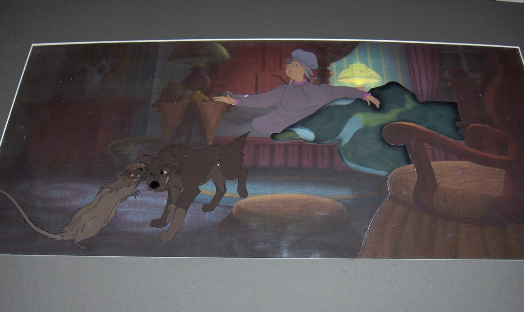 LADY and TRAMP, 16fld Production Cel of Tramp Fighting Rat on Key Pan ...