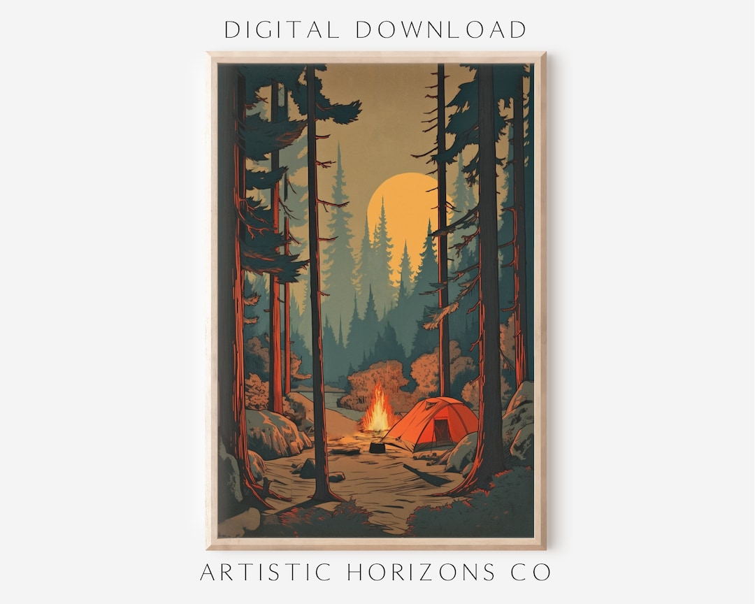 Campfire Forest Digital Download Nature Poster Retro Style Artwork ...