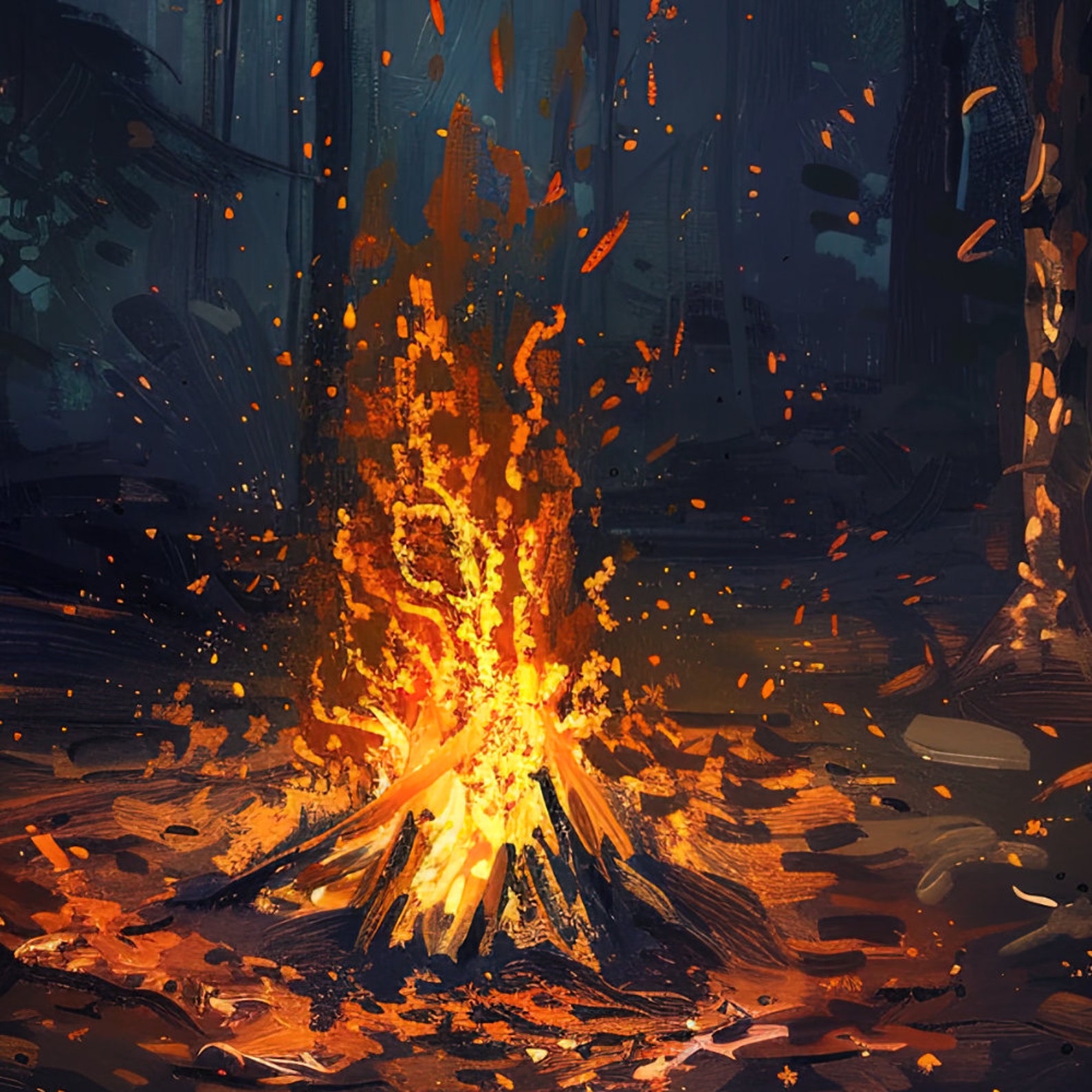 Campfire at Night Wall Art Nature Poster Print Oil Painting Style ...