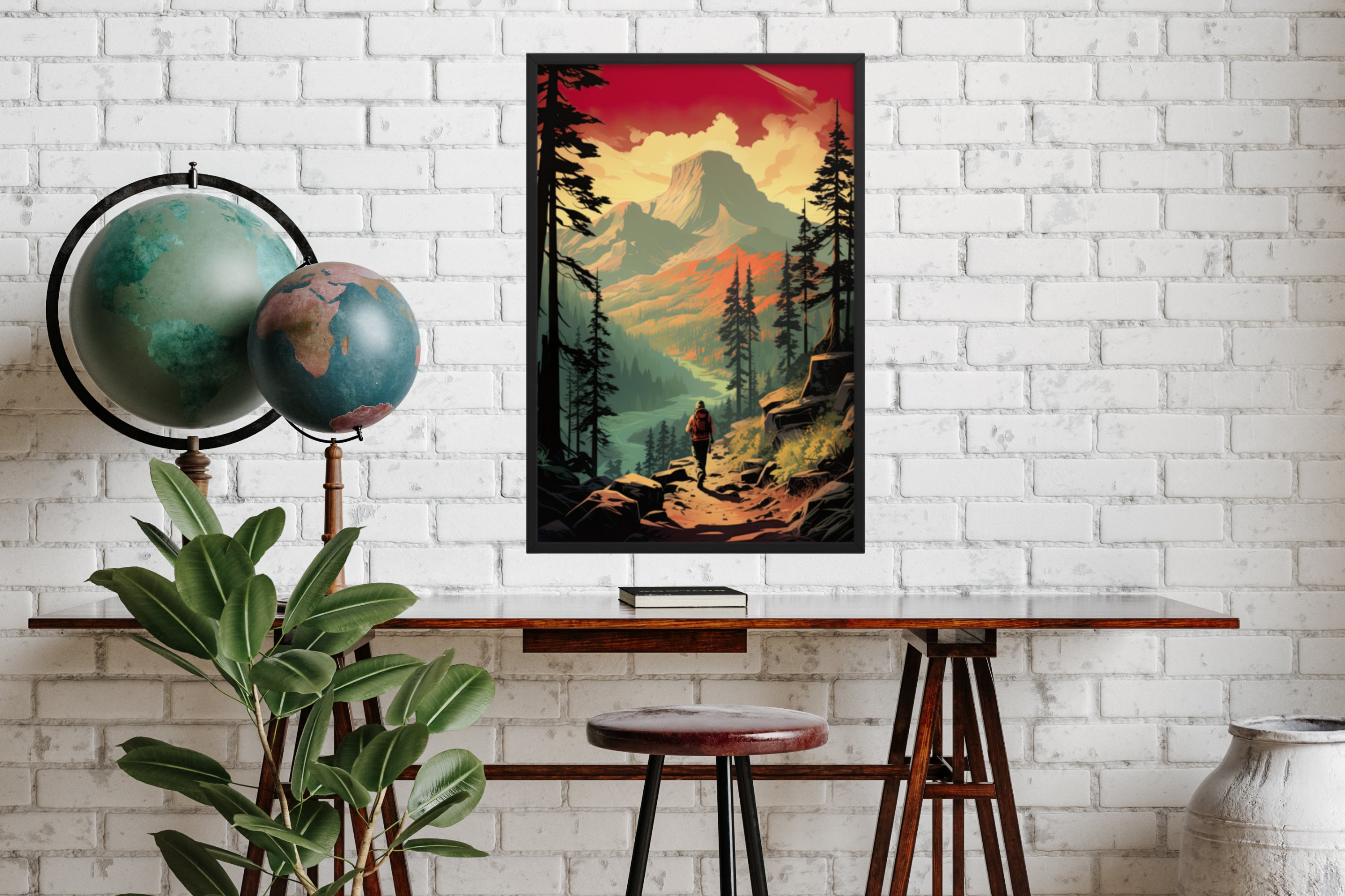 Rustic Vintage Style Hiking Poster Serene Hiker Gazing at - Etsy