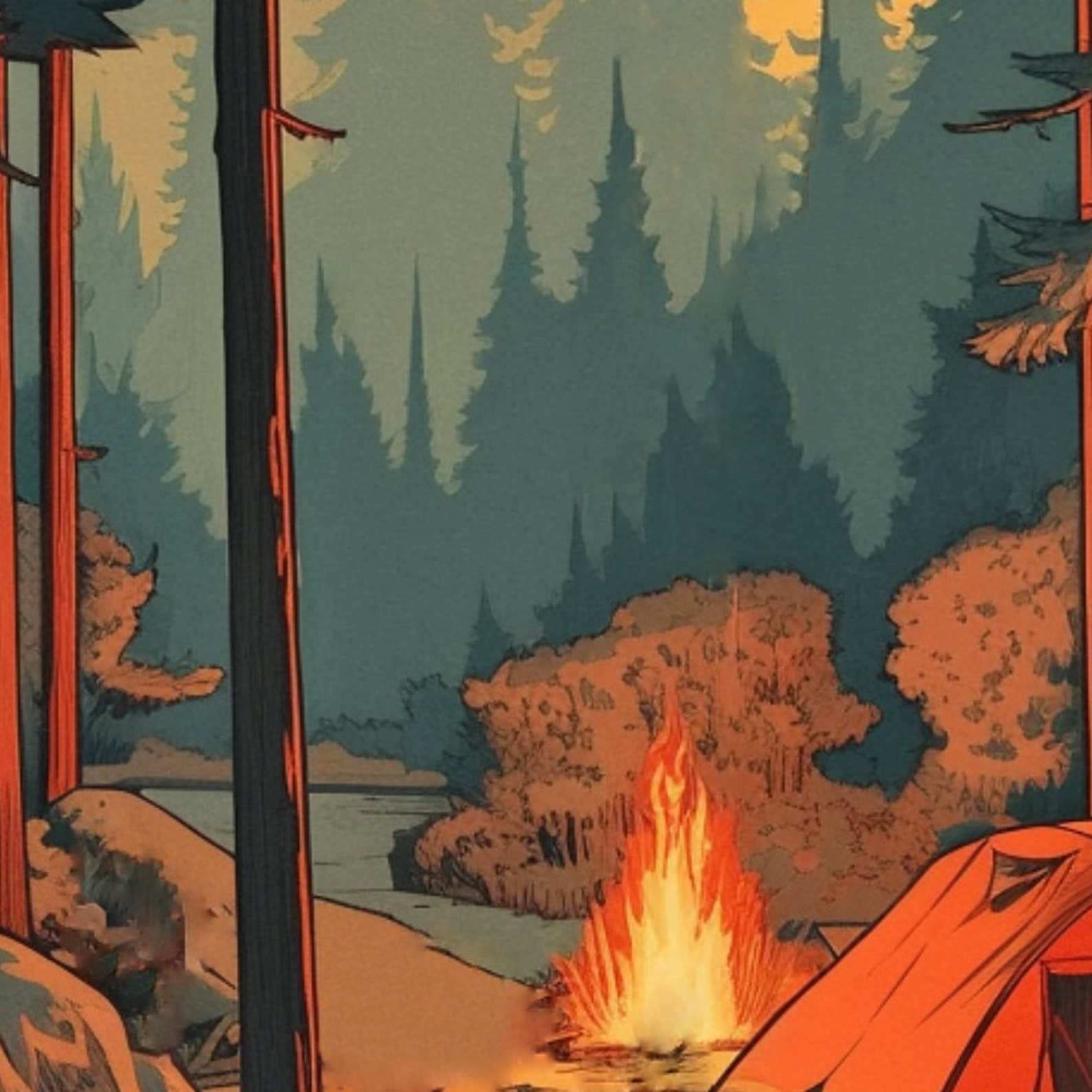 Vintage Campfire Forest Wall Art Nature Poster Print Retro Style ...