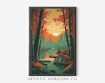 Vintage Campfire Forest Wall Art Nature Poster Print Retro Style ...