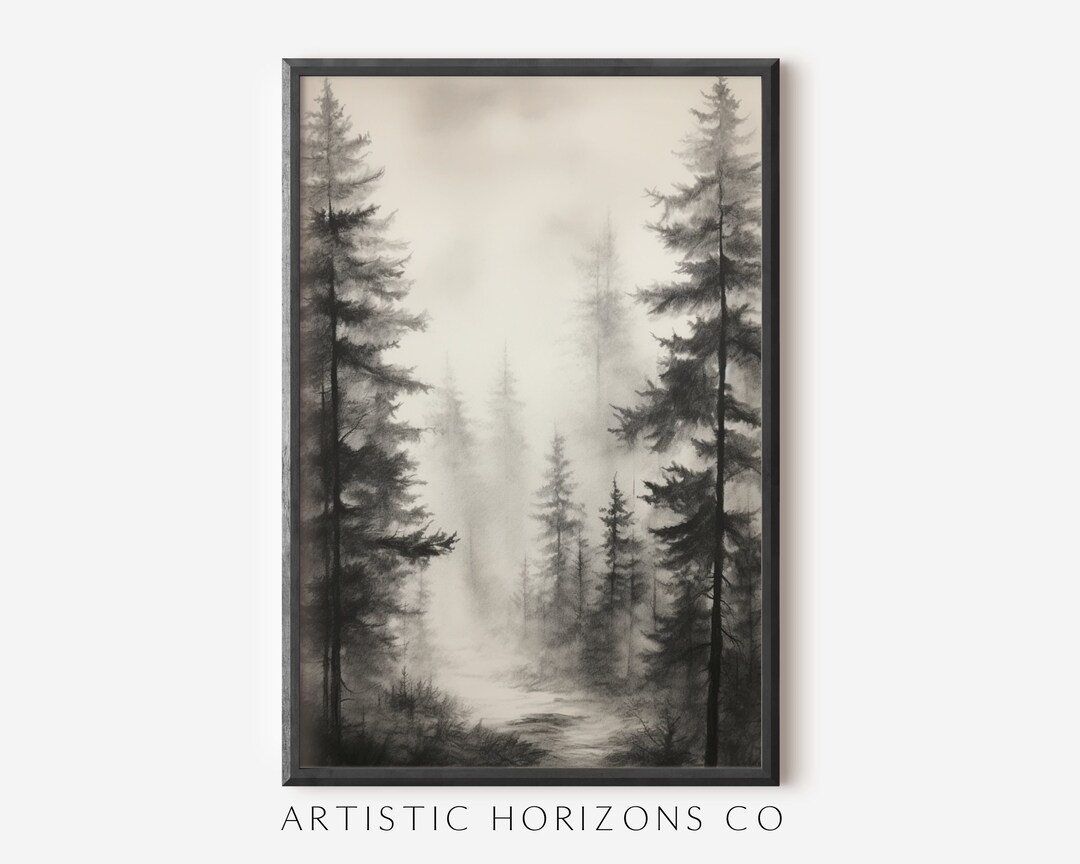 Fog in the Forest Wall Art Physical Poster Print Charcoal Drawing ...