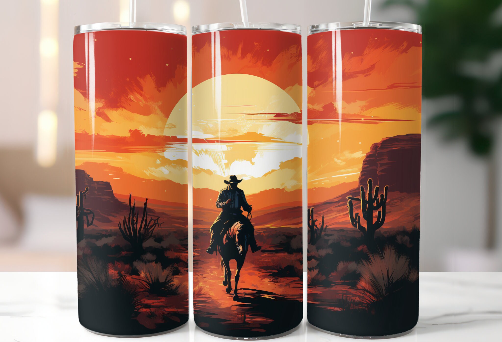 Western Cowboy Desert Sunset Watercolor Style 20oz Skinny Tumbler ...
