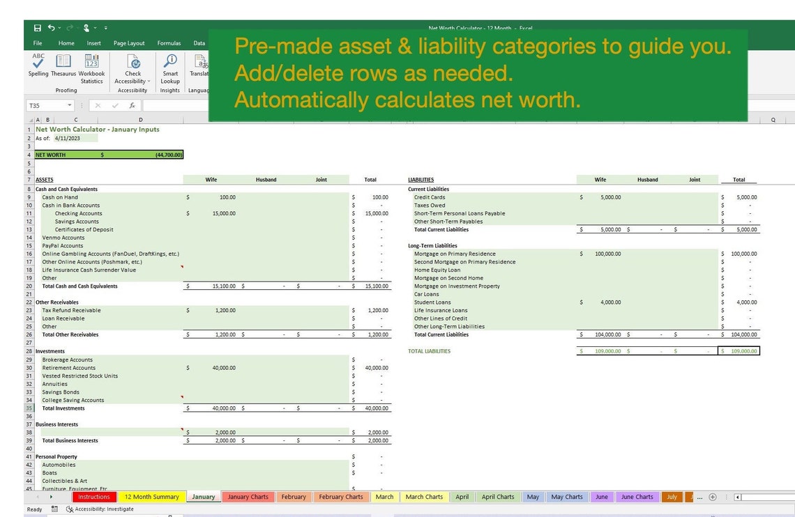 Net Worth Calculator 12 Months for Excel, Net Worth Template, Assets ...