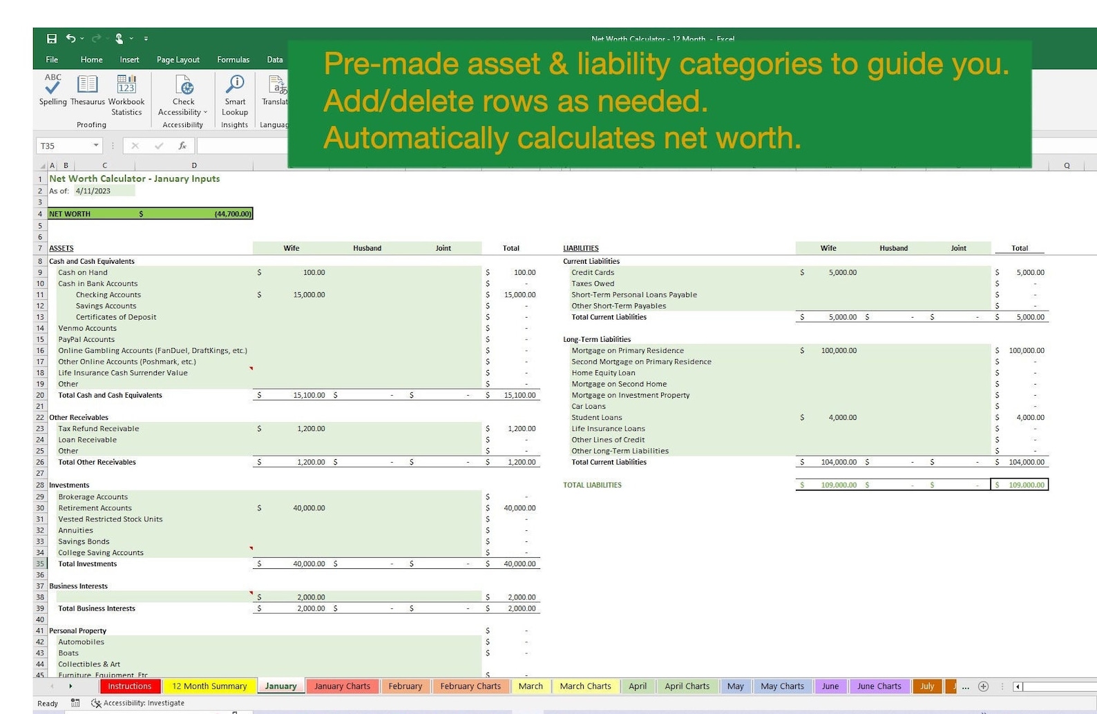 Net Worth Calculator 12 Months for Excel, Net Worth Template, Assets ...