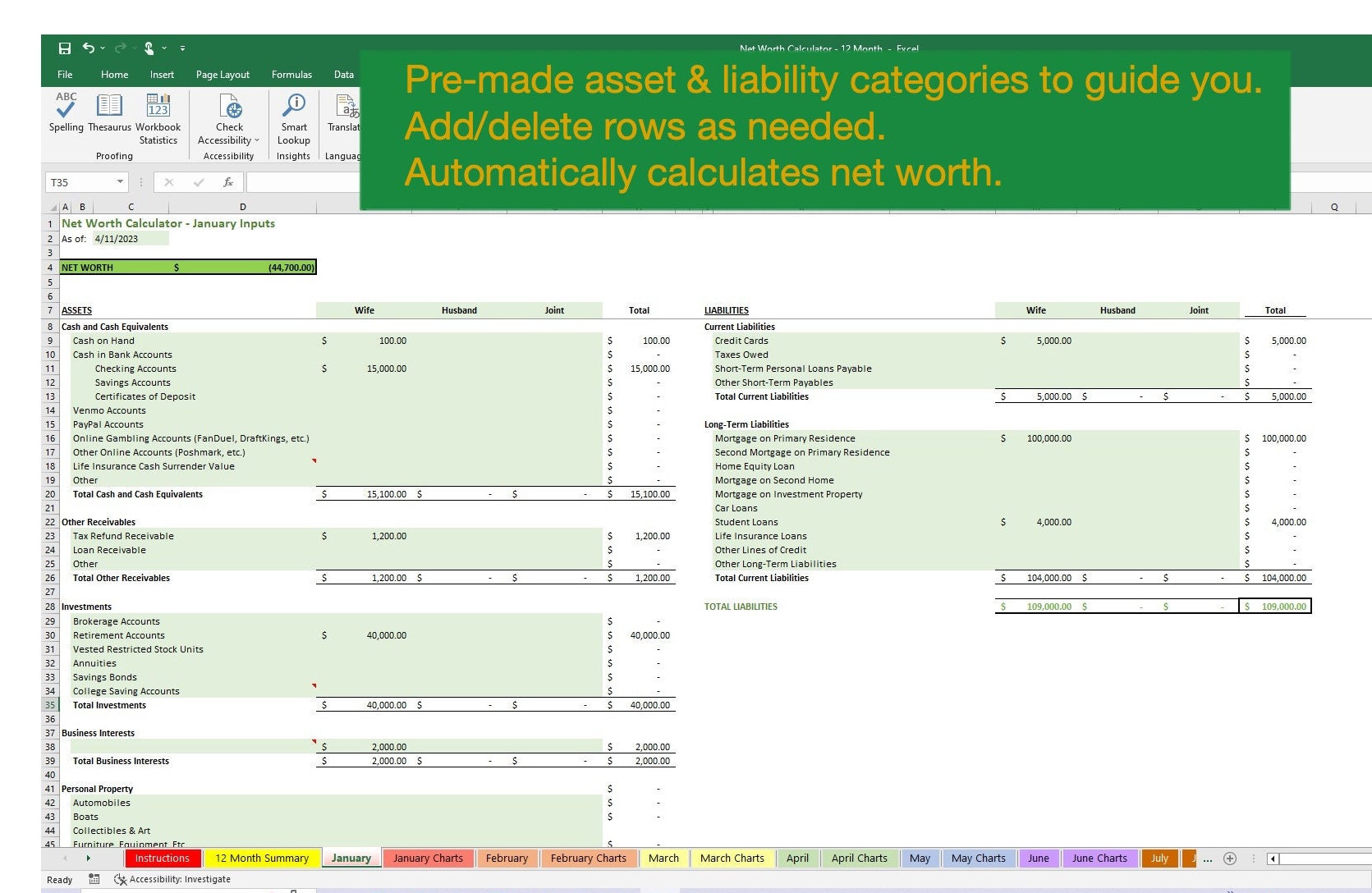 Net Worth Calculator 12 Months for Excel, Net Worth Template, Assets ...