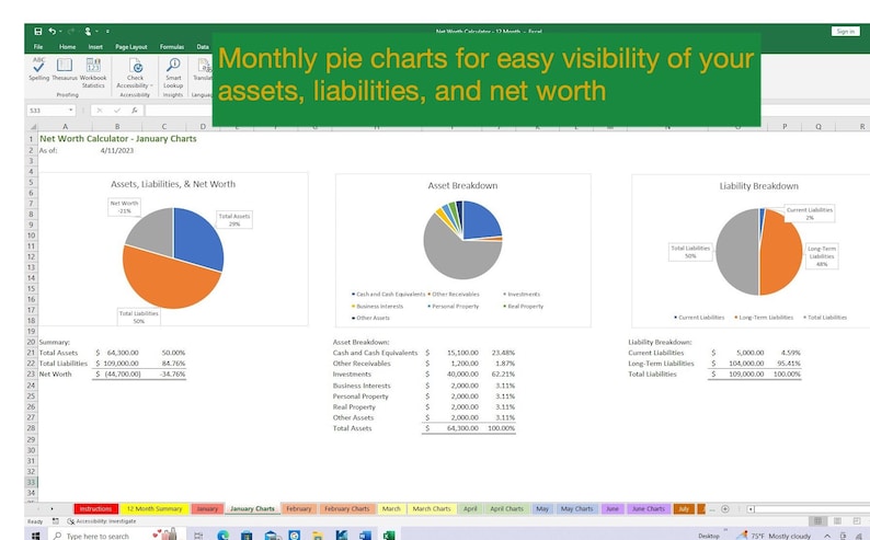 Net Worth Calculator 12 Months for Excel, Net Worth Template, Assets ...