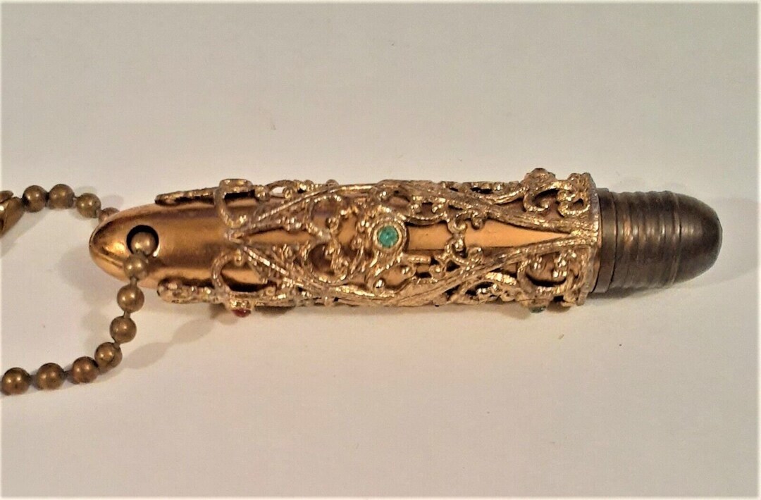 Vintage 1950s Brass Filigree Bullet Keychain Pen Ornate Jeweled Gold ...