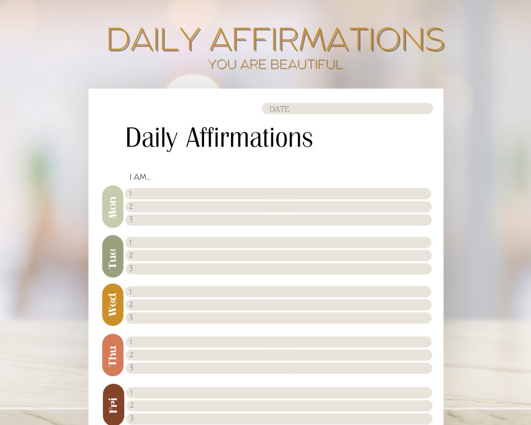 Daily Affirmations Worksheet // Self Love // US Print Digital Download ...
